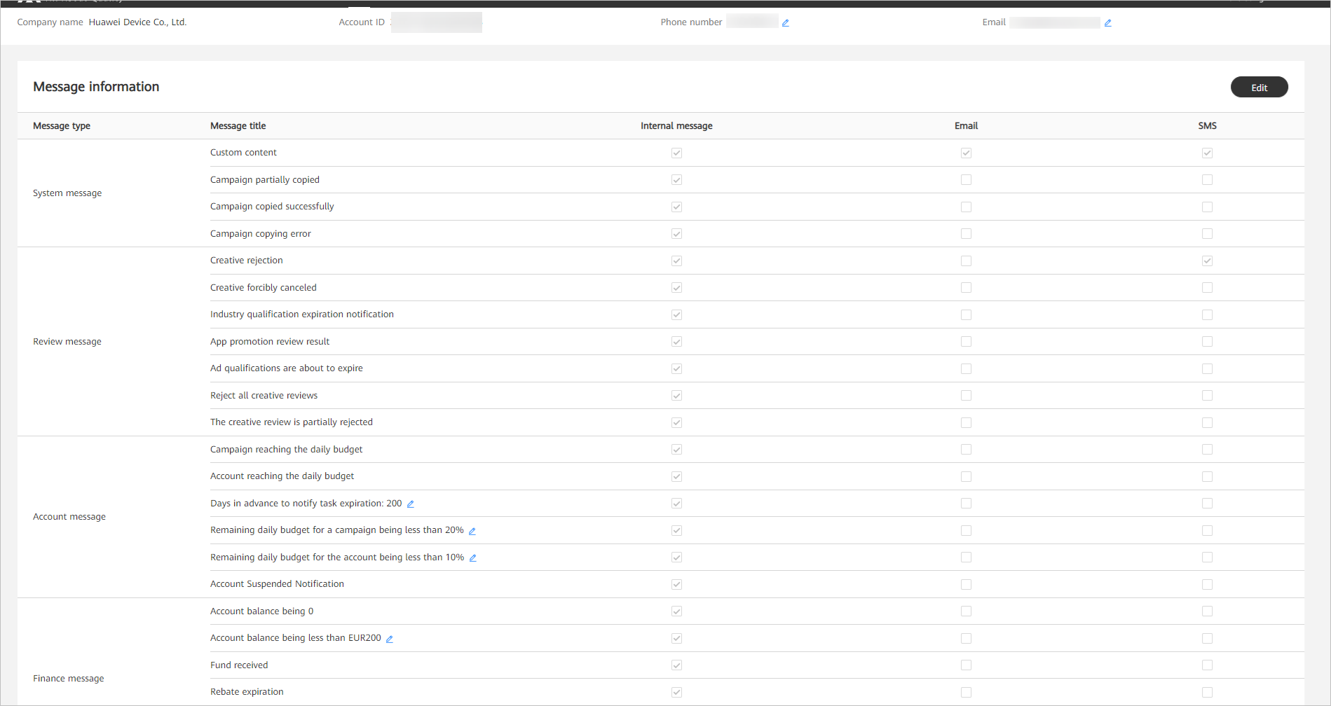 Message Settings-Account Assistance-Tools-Petal Ads - HUAWEI Developers