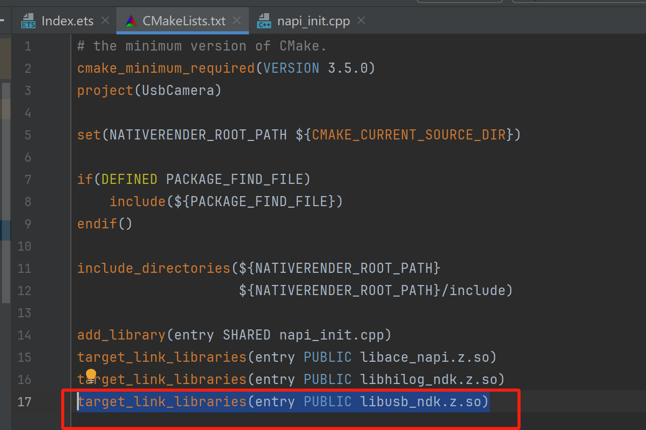 CMakeLists.txt 加上 target_link_libraries(entry PUBLIC libusb_ndk.z.so)调用OH_Usb_Init就报错，删掉就好了？为什么 ...