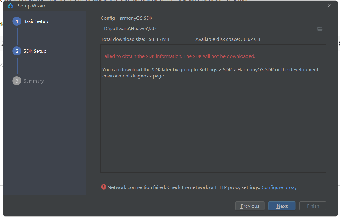 Failed to obtain the SDK information. The SDK will not be downloaded. You can download the SDK ...