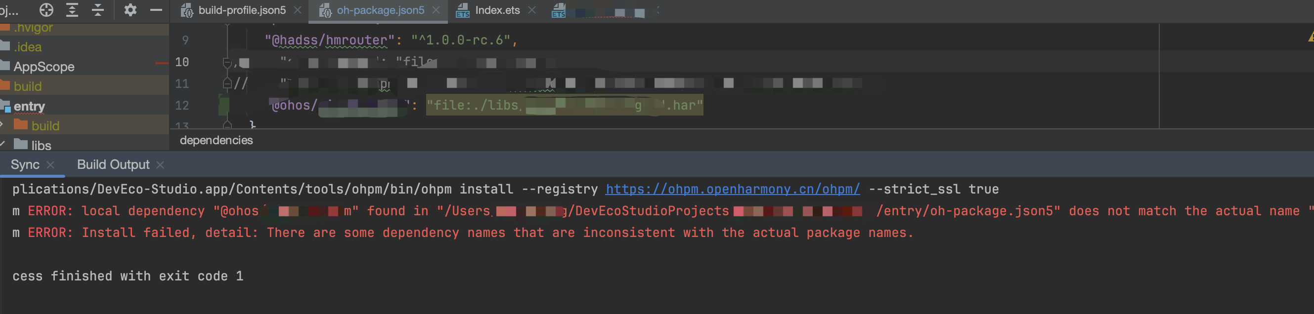 ERROR: Install failed, detail: There are some dependency names that are inconsistent with the ...