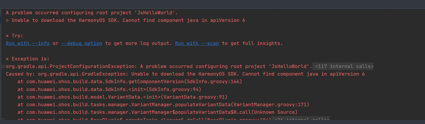 导入sample里的JsHelloWorld提示 Unable to download the HarmonyOS SDK.. Cannot find component java in ...