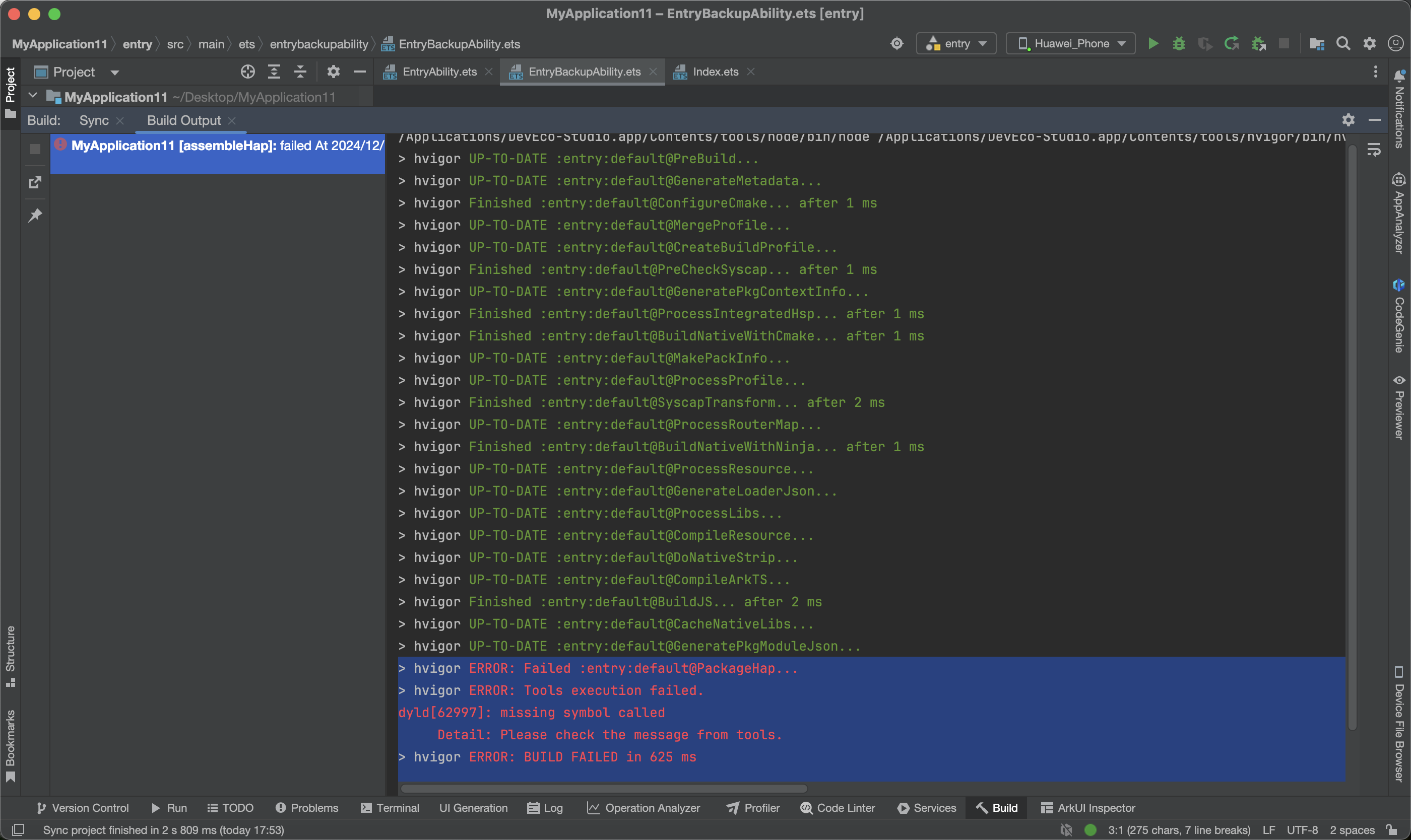 Mac book pro m1pro 电脑 下载DecEco-Studio 最新版 5.0.1 Release。新建空项目直接运行鸿蒙模拟器。报错> hvigor ERROR: Failed ...