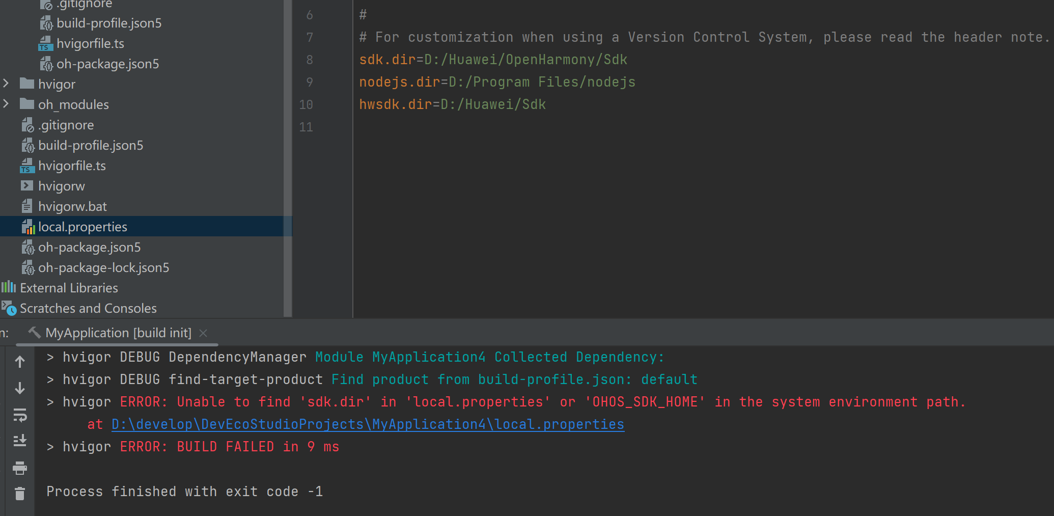 新建项目API9提示ERROR: Unable to find 'sdk.dir' in 'local.properties' or 'OHOS_SDK_HOME' in the system ...