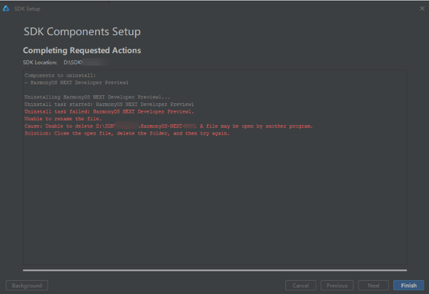 如何解决windows系统使用IDE时SDK卸载失败，提示 Unable to rename the file. Cause:Unable to delete D:\xxx\HarmonyOS ...